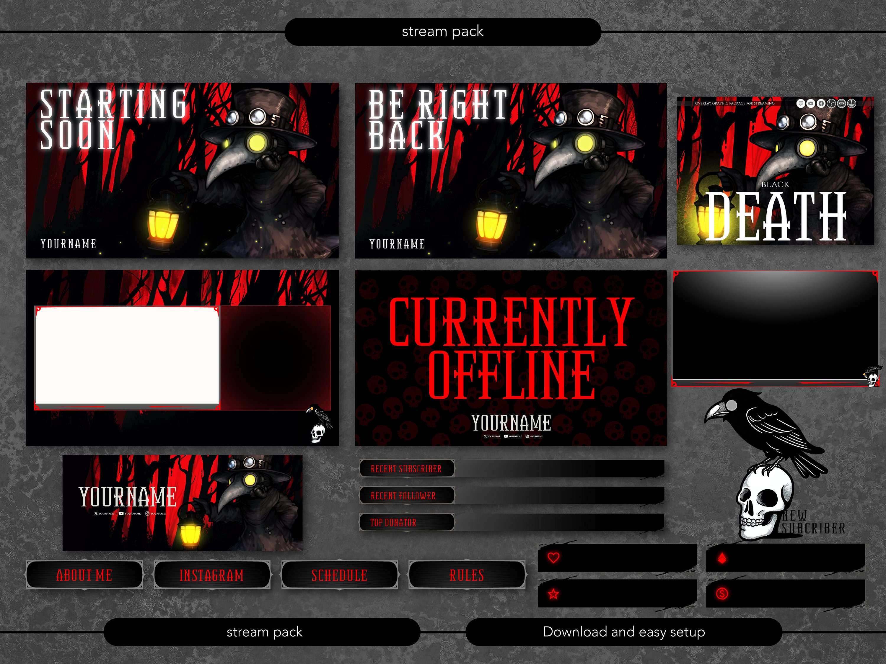 Animated Stream Overlay Package, Dark, Black Death Mask. Twitch Overlay ...