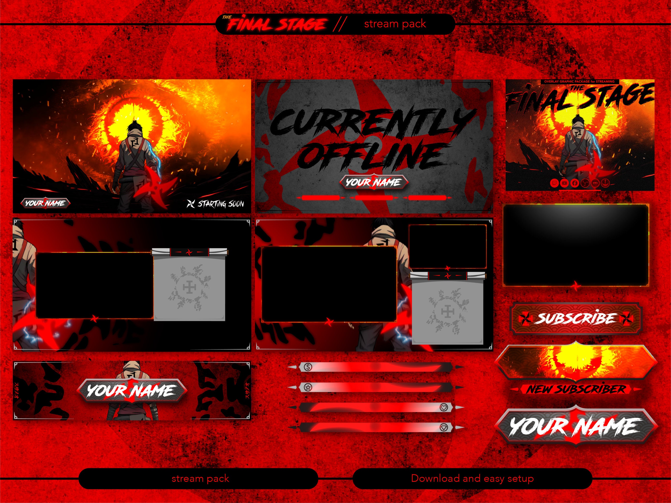Full Animated Stream Overlay Package, Ninja, Shuriken, Shinobi. Twitch Overlay, Facebook Gaming ...
