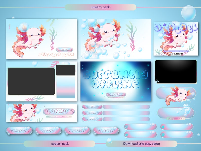 Axolotl Animated Twitch Overlay Bundle: Unique, Calming, Cute and ...