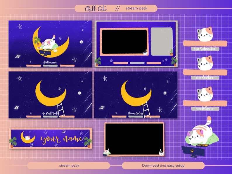 Full Animated Chill Cat Stream Overlay Package. Customizable, Pastel ...