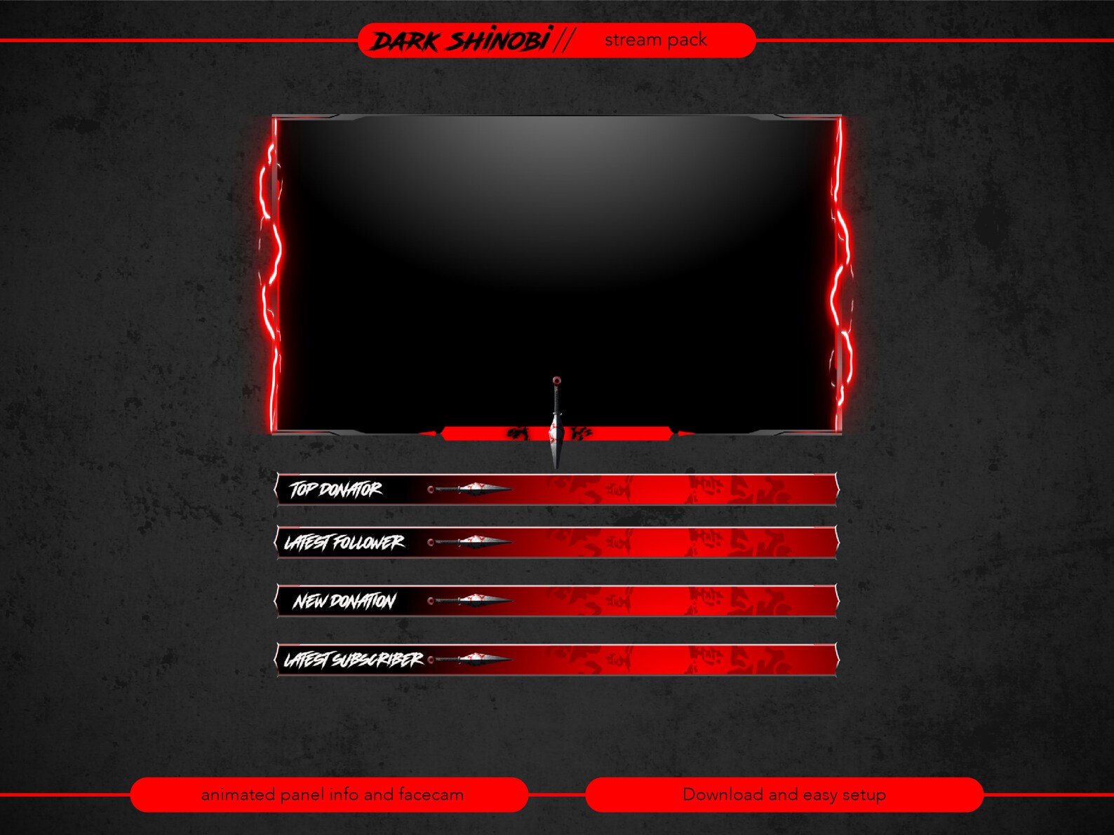 Full Animated Stream Overlay Package, Dark Shinobi, Anime, Kunai, Manga ...