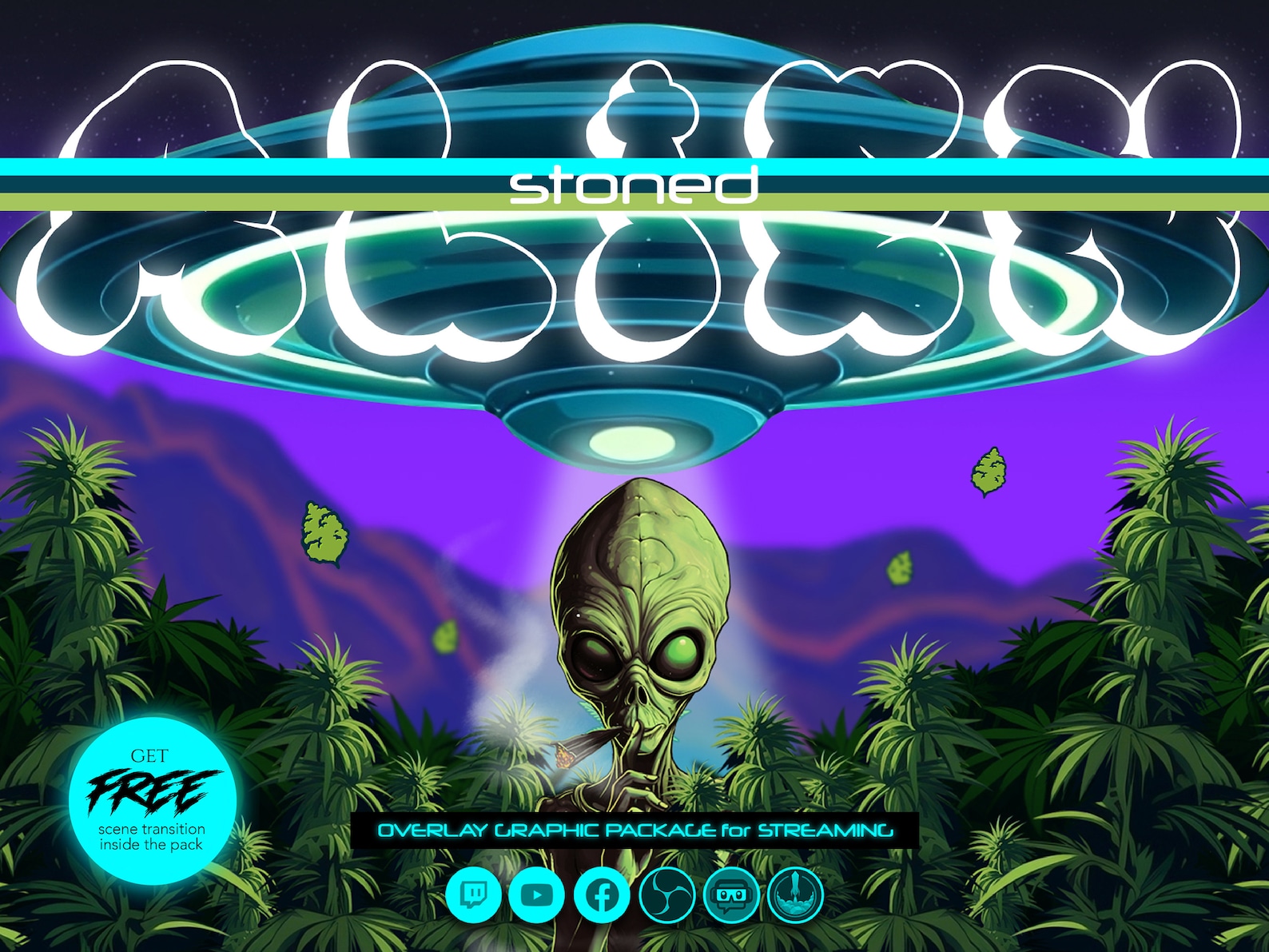 Full Animated Stream Overlay Package, Chill, Weed, Stoned Alien. Twitch ...