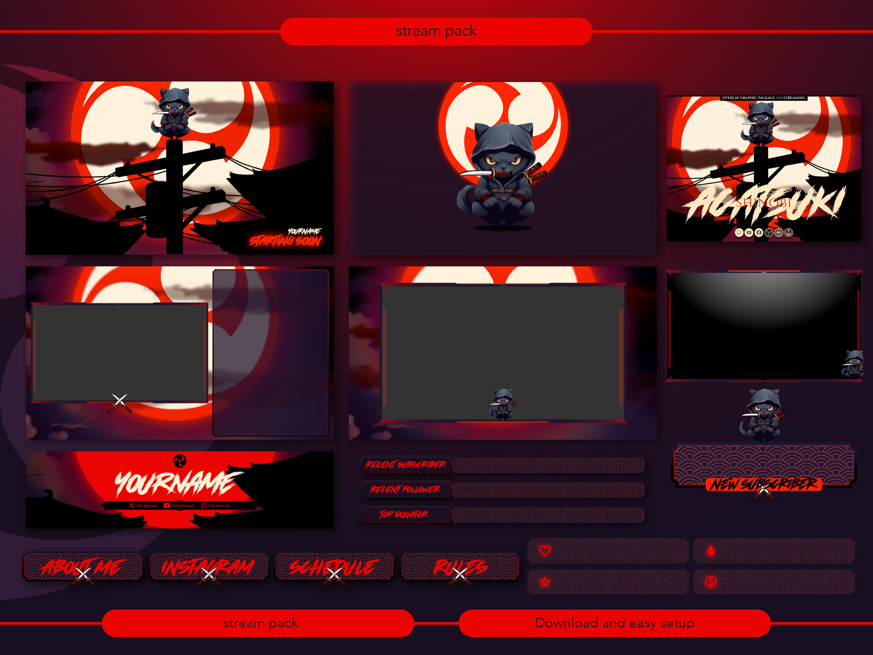 Full Animated Stream Overlay Package, Ninja, Cat, Acatsuki Shinobi ...