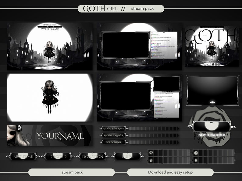 Animated Stream Overlay Package, Horror, Dark, Goth, Gothic, Girl. Twitch Overlay, Facebook ...