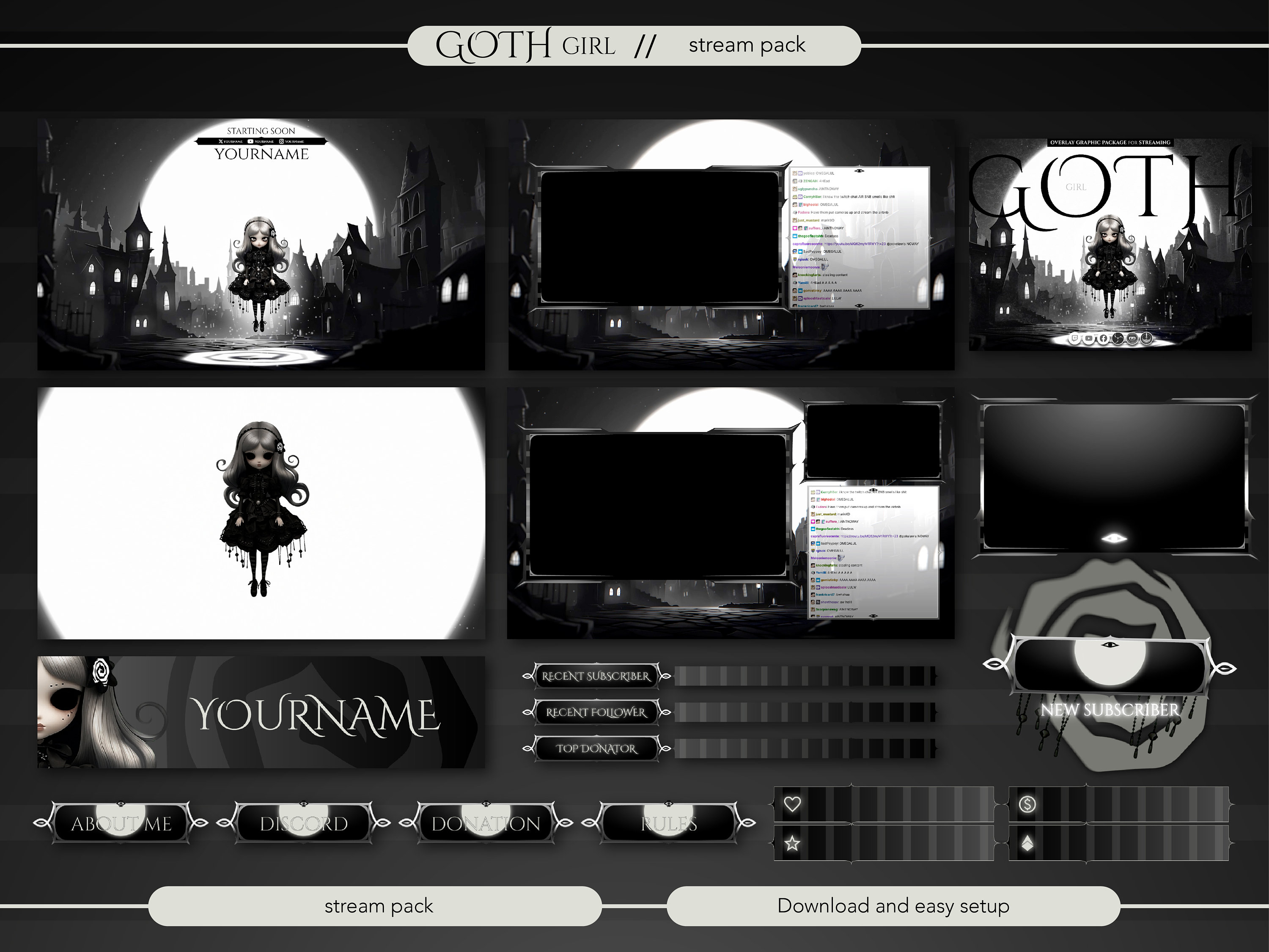 Animated Stream Overlay Package, Horror, Dark, Goth, Gothic, Girl ...