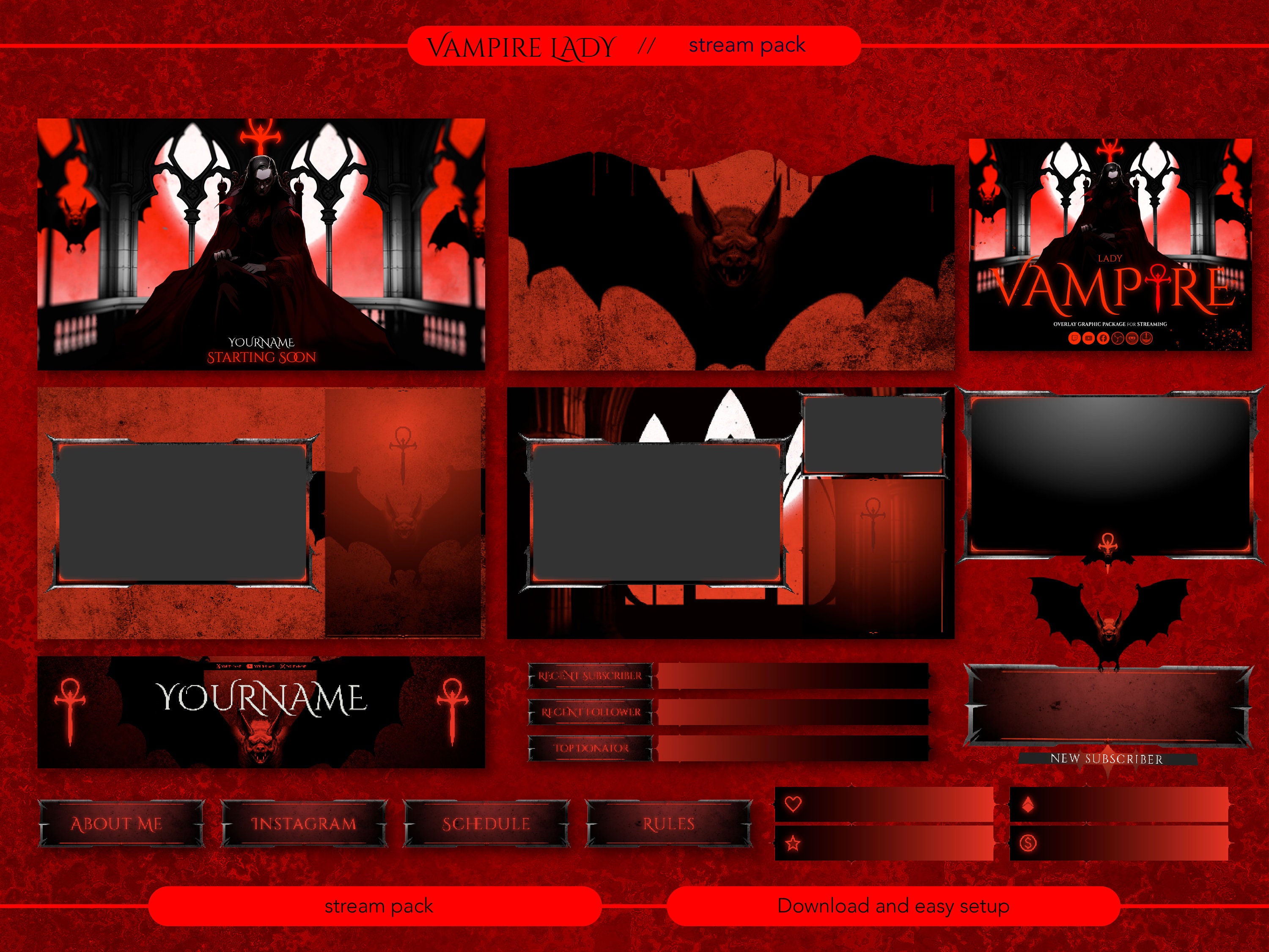 Full Animated Stream Overlay Package, Horror, Bat, Vampire Lady. Twitch Overlay, Facebook Gaming ...