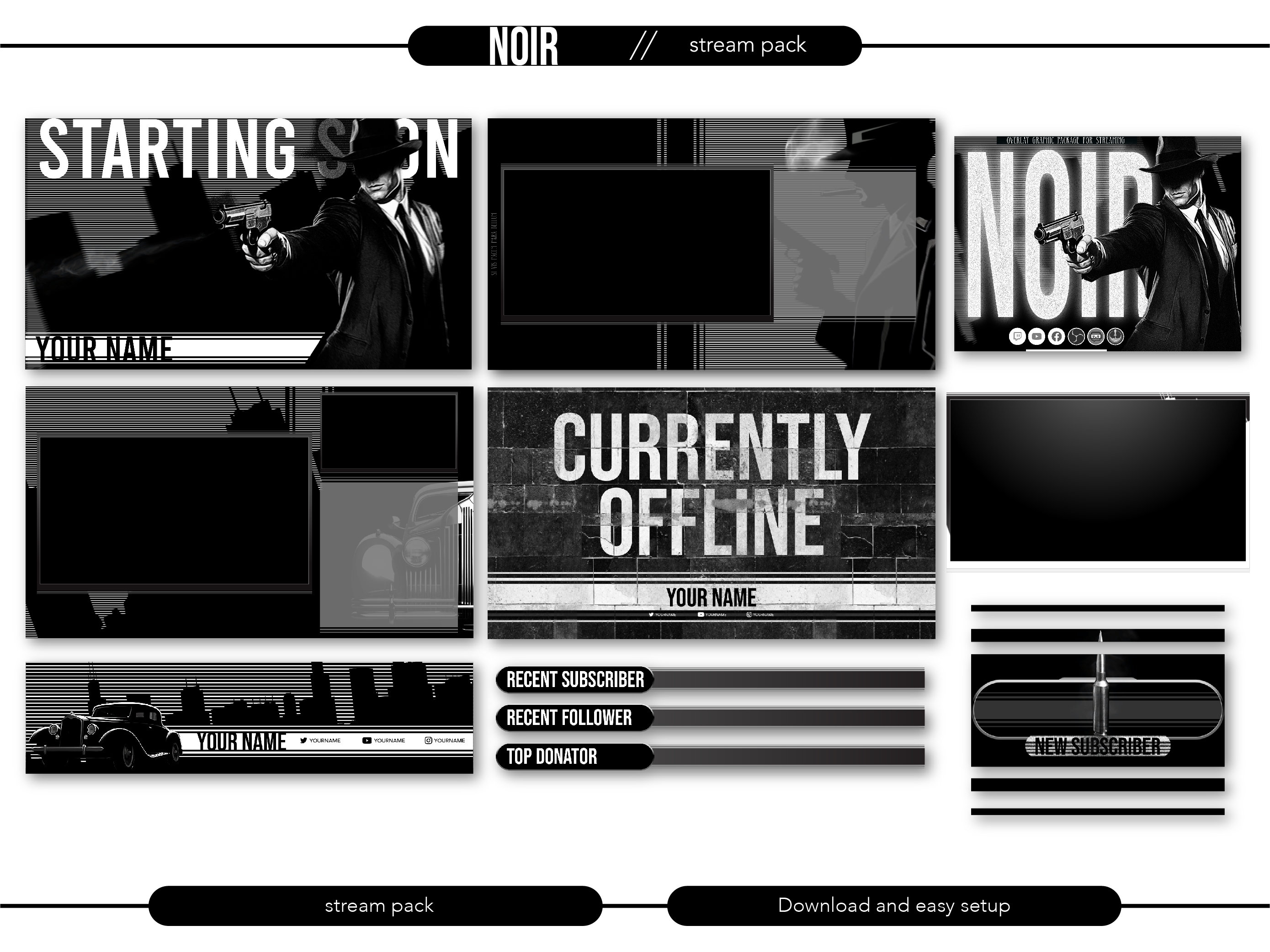 Noir and Mafia Overlay Package Vintage Stream Graphics Animated Twitch ...