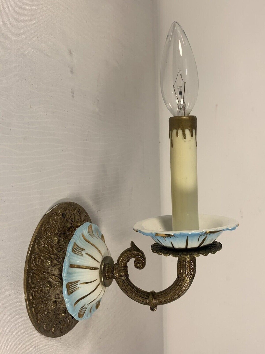 Antique - Blue Brass Fake Candle Wall Sconce Light Fixture - Etsy