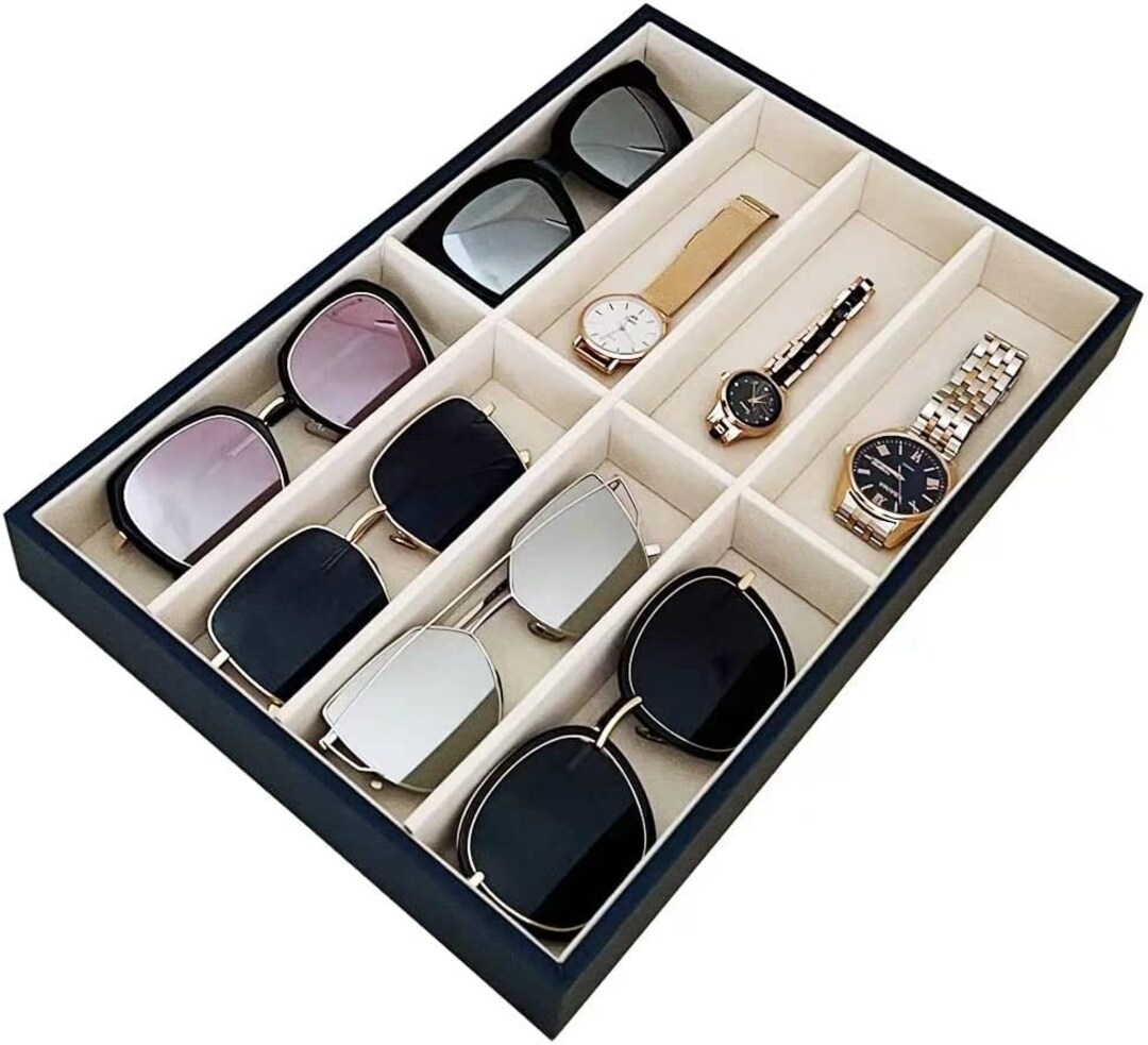 Luxurious Navy Blue PU Leather Sunglasses Eyewear Tray Drawer Divider ...
