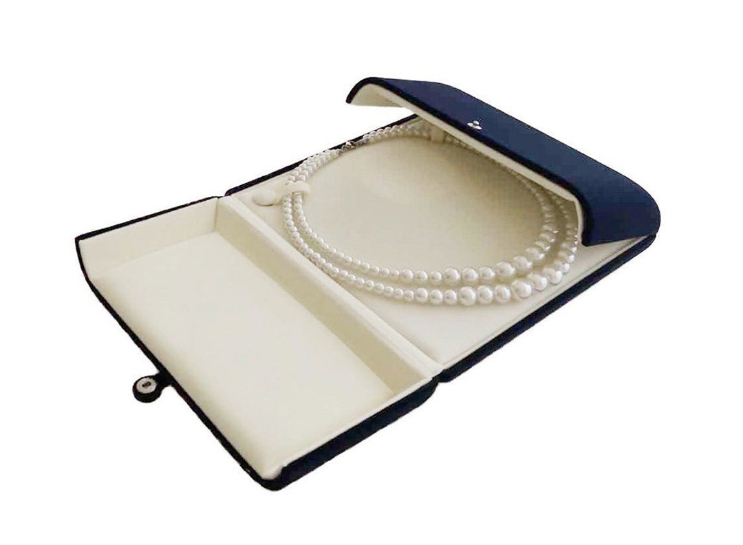 Navy Blue Velvet Large Pearl Necklace Box Diamond Premium Grade Unique ...