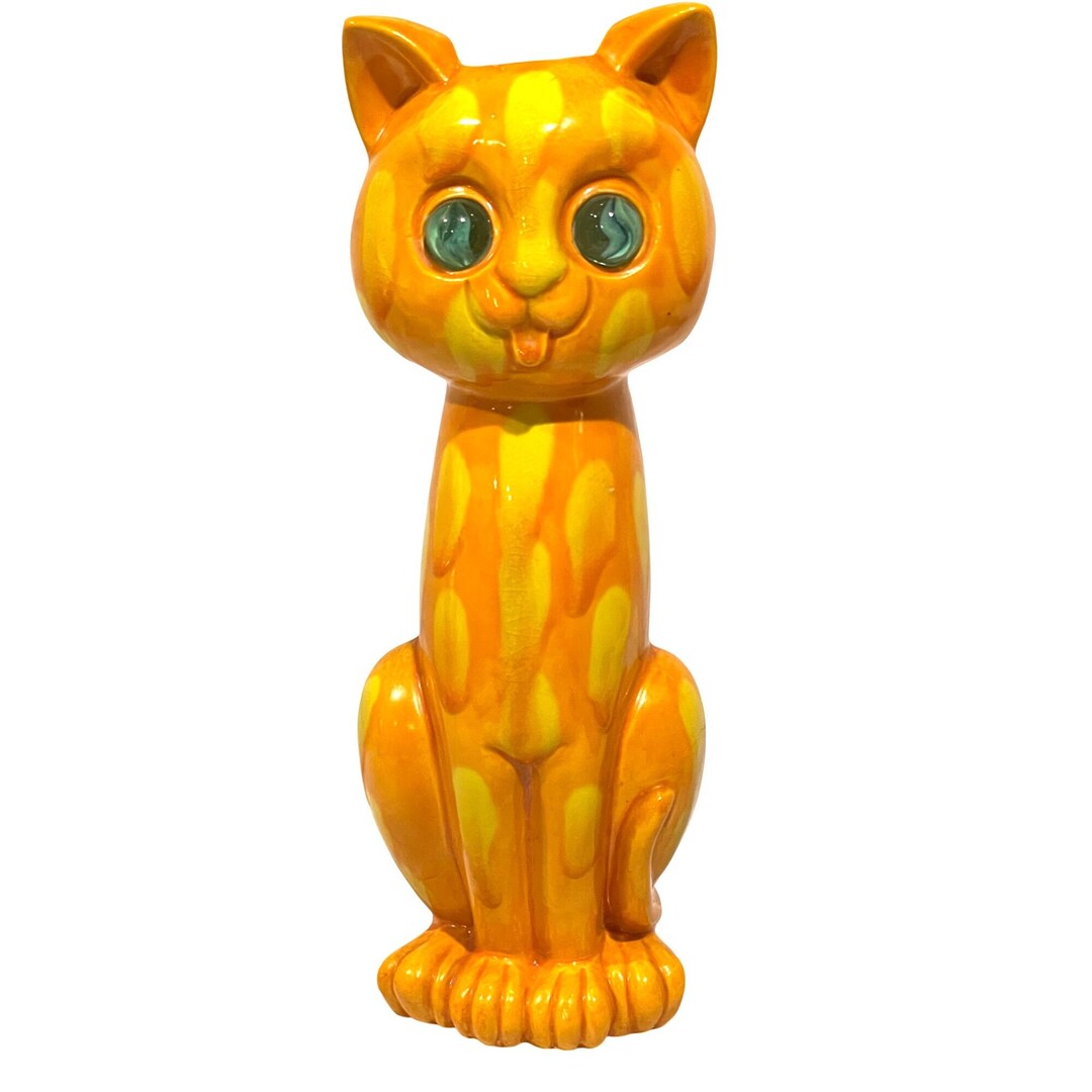 Vintage Inarco MCM Ceramic Cat Figurine Match Holder Vase Orange Green ...