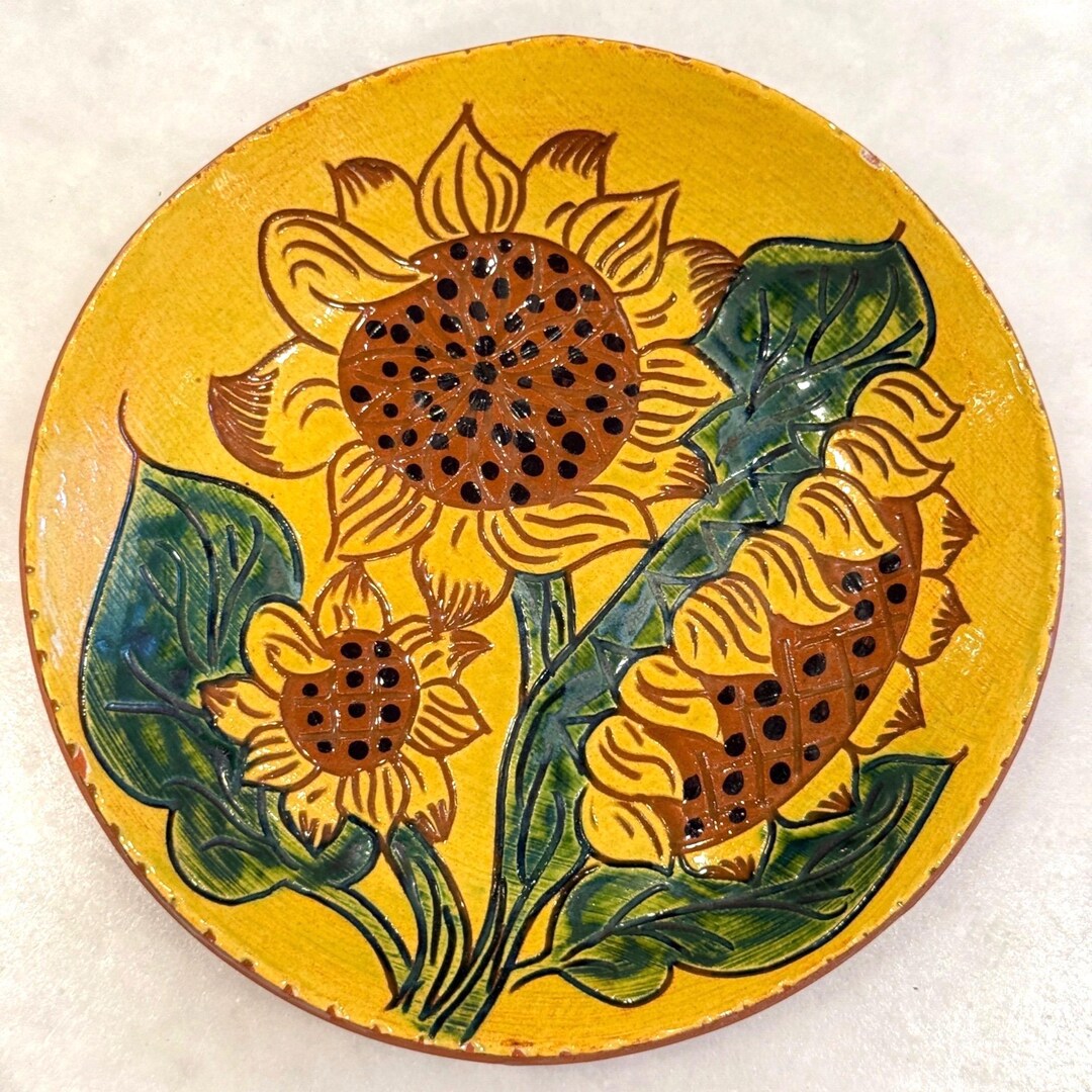 Breininger Redware Pottery Plate Dish Sgrafitto Sunflower Primitive ...