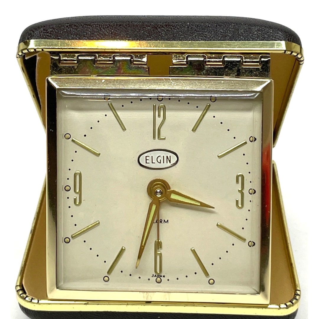 Vintage ELGIN Travel Alarm Clock Brown Clamshell Case Luminous Windup ...