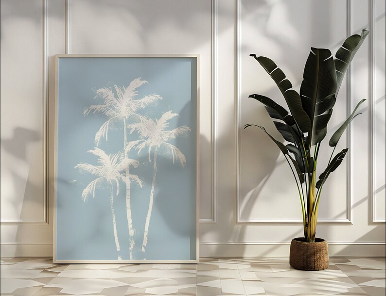 Light Blue Palm Tree, Boho Beach Art, Palm Tree Art, Tropical Wall Art ...
