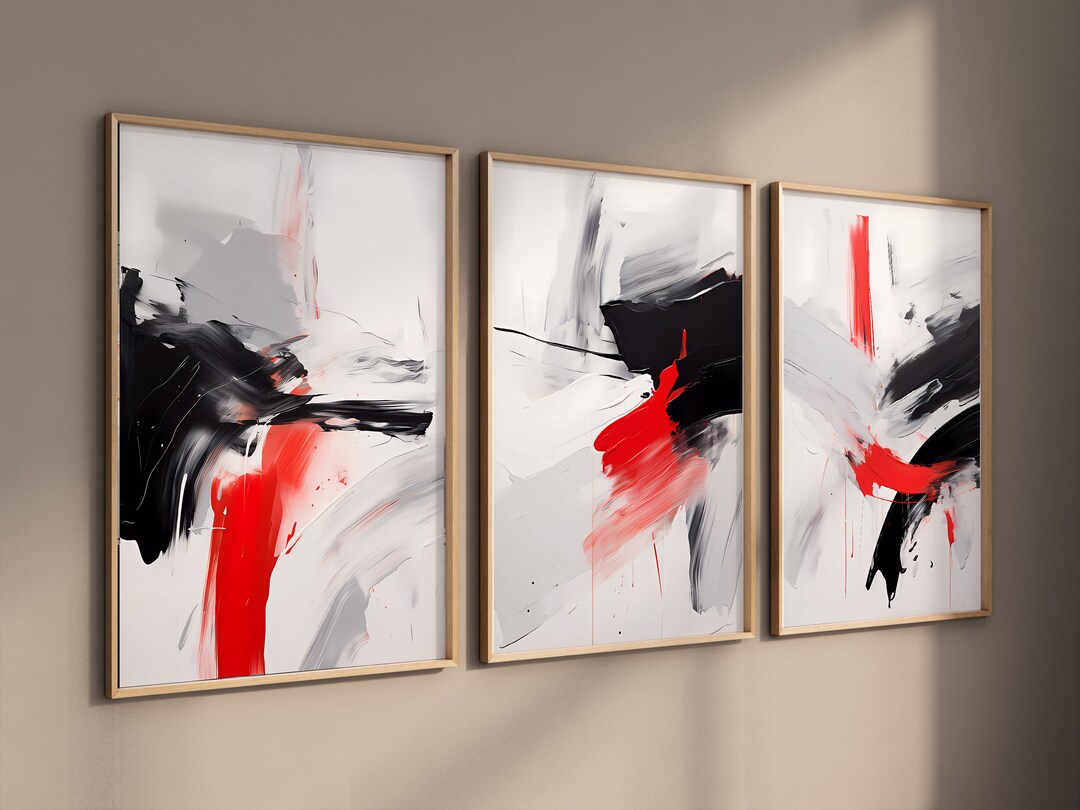 Red & Black Abstract Art Prints Modern Brush Stroke Wall Decor Set of 3 ...