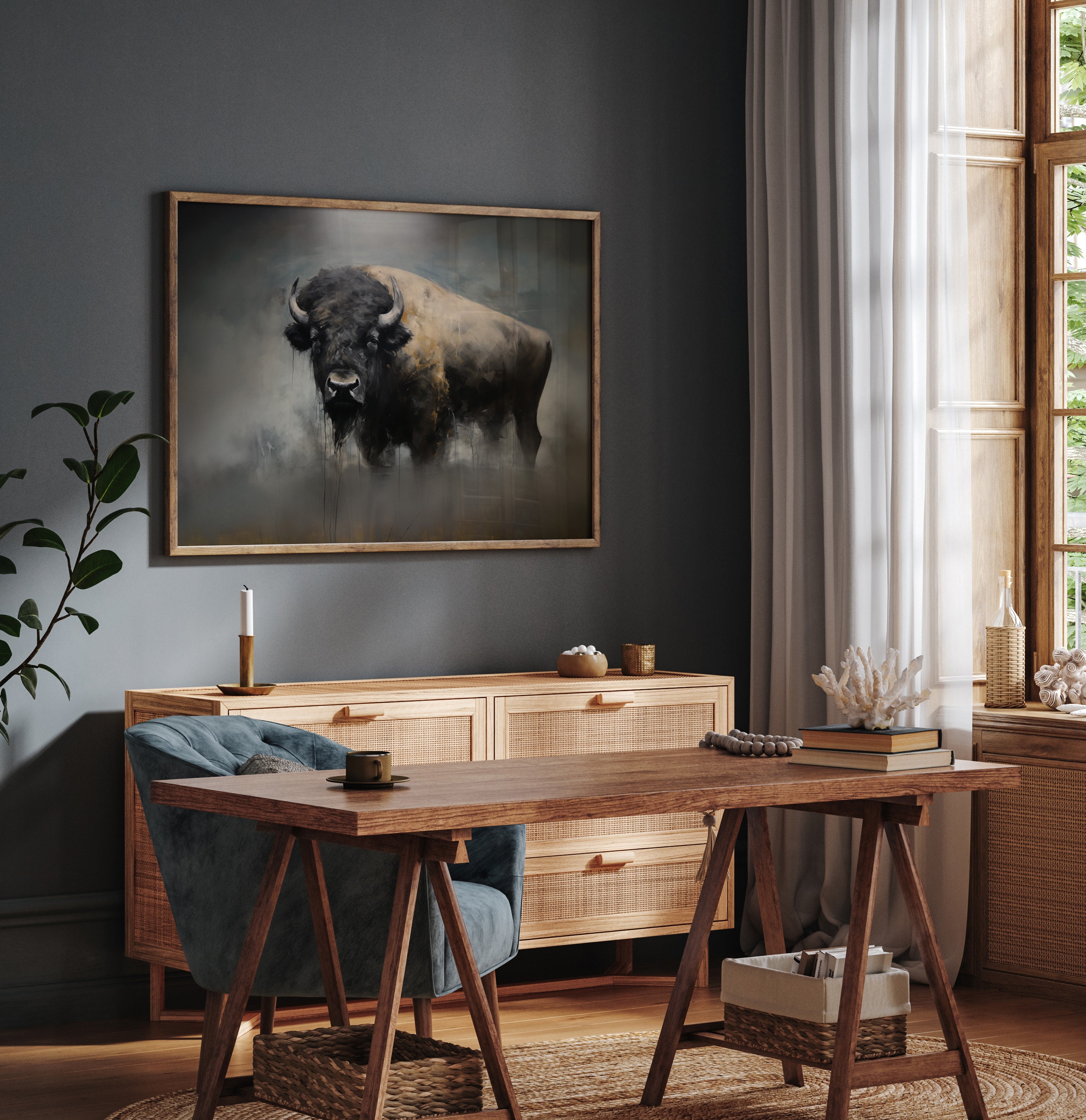 Buffalo Wall Art , Bison Print, Forrest Landscape, Modern Art, Rustic ...