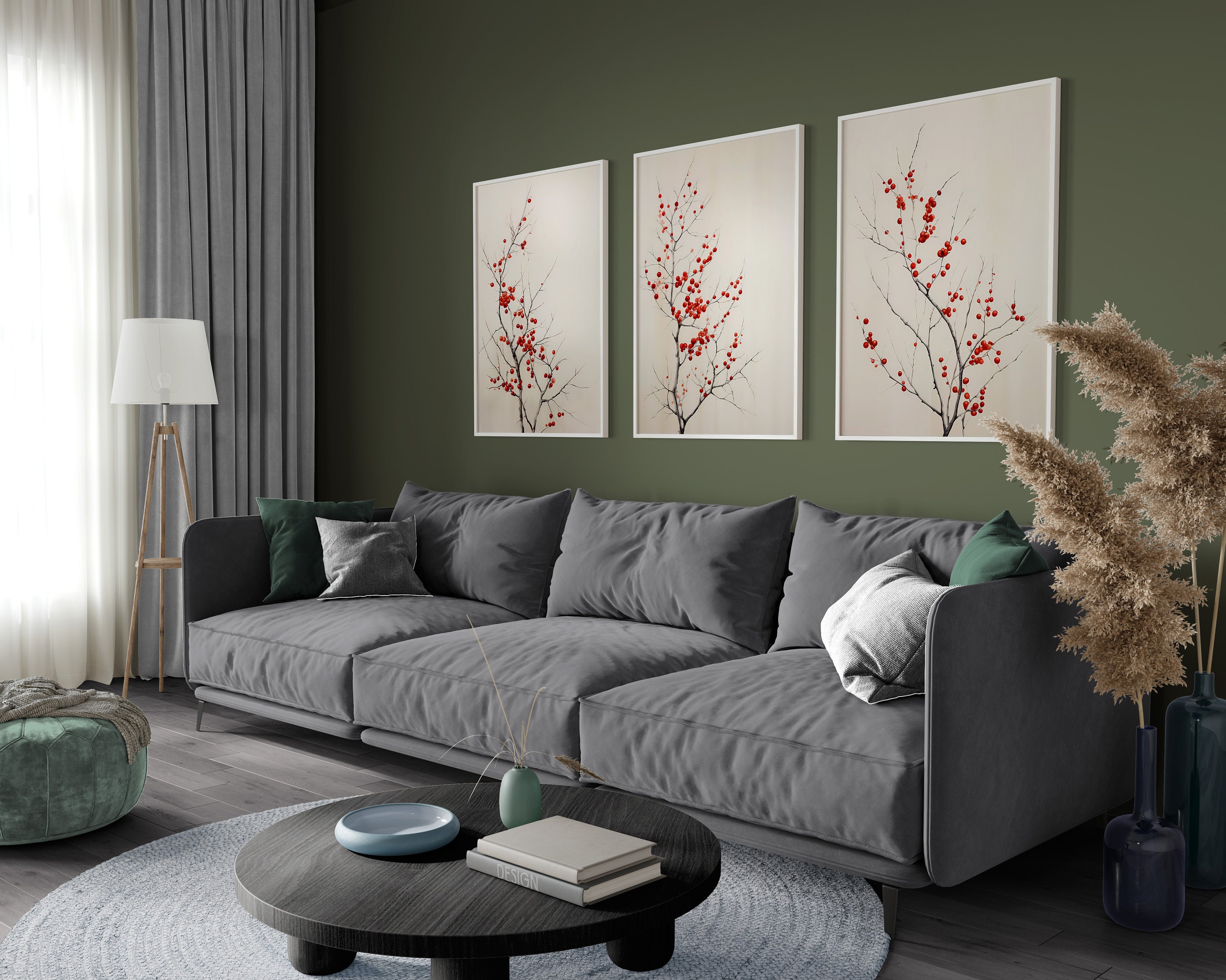 Asian Floral Wall Decor, Minimalist Asian Art, Red Berry Branch ...