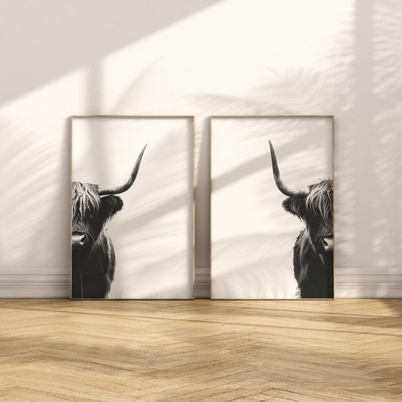 Highland Cow Print: Black and White Rustic Farmhouse Wall Art - Etsy