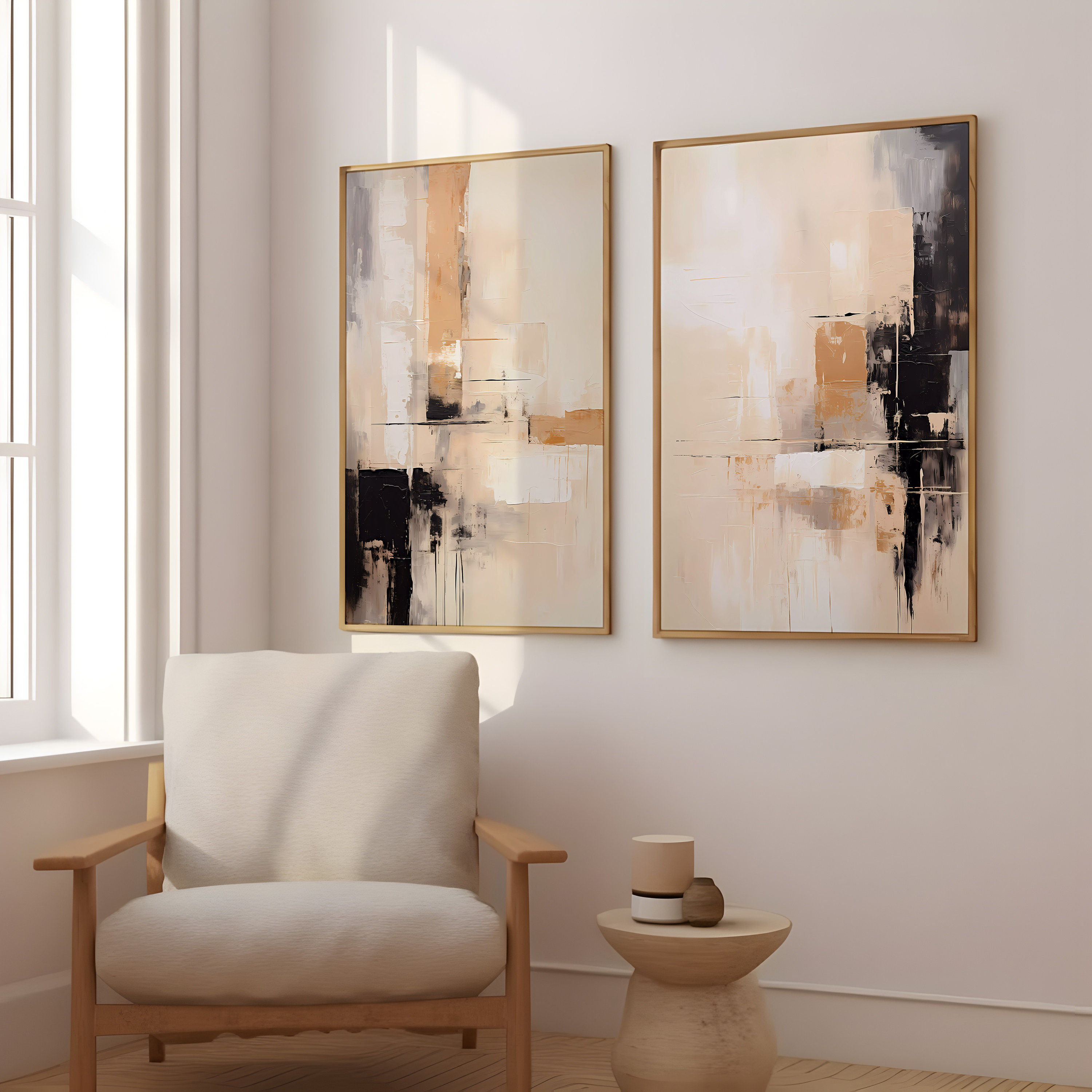 Tan & Black Abstract Art Prints Modern Brush Stroke Wall Decor Set of 3 ...