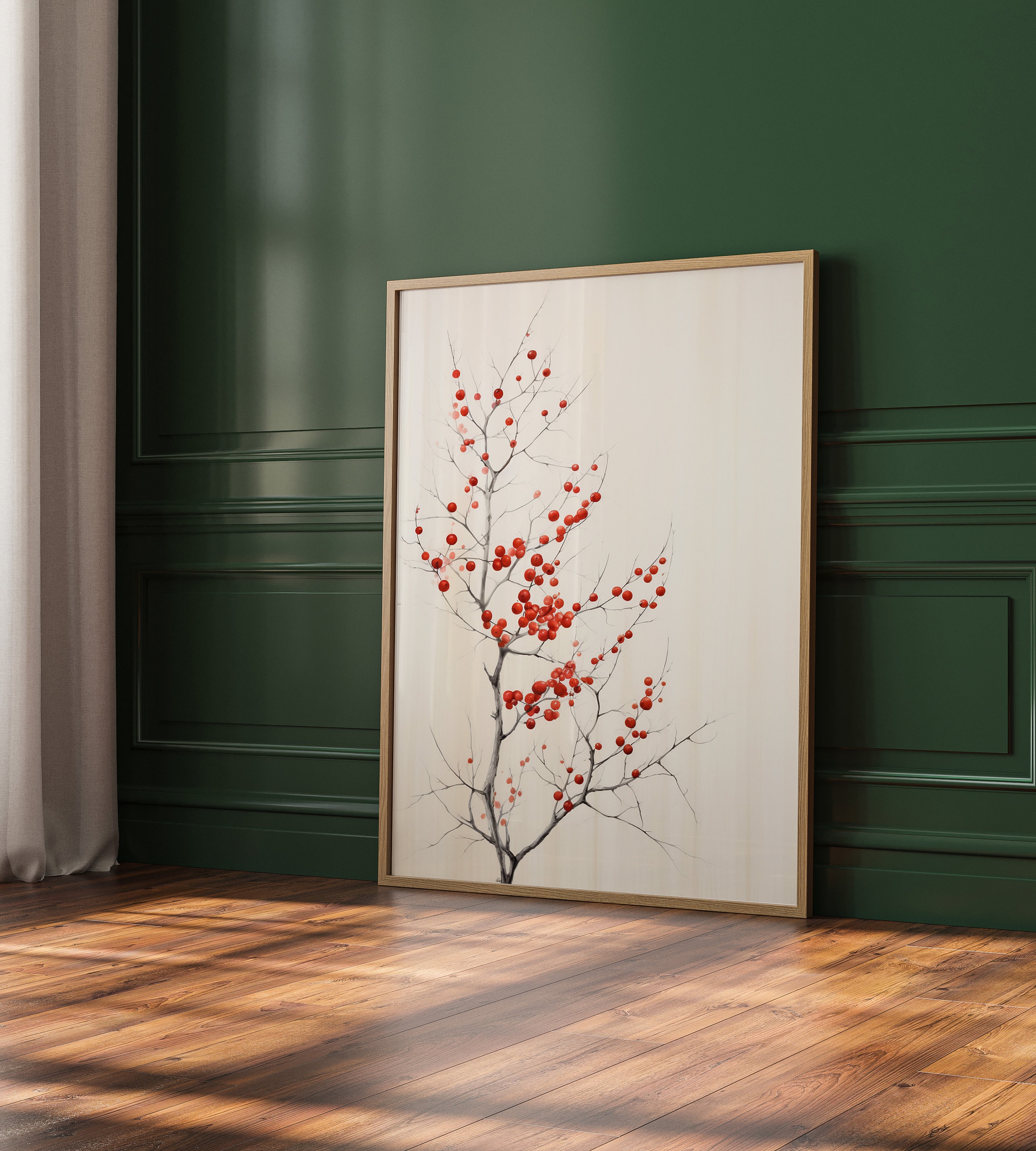 Asian Floral Wall Decor, Minimalist Asian Art, Red Berry Branch ...