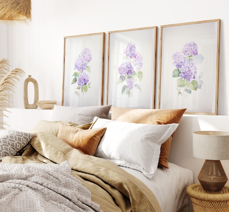 Purple Hydrangea Watercolor Art Prints: Minimalist Floral Wall Decor - Etsy