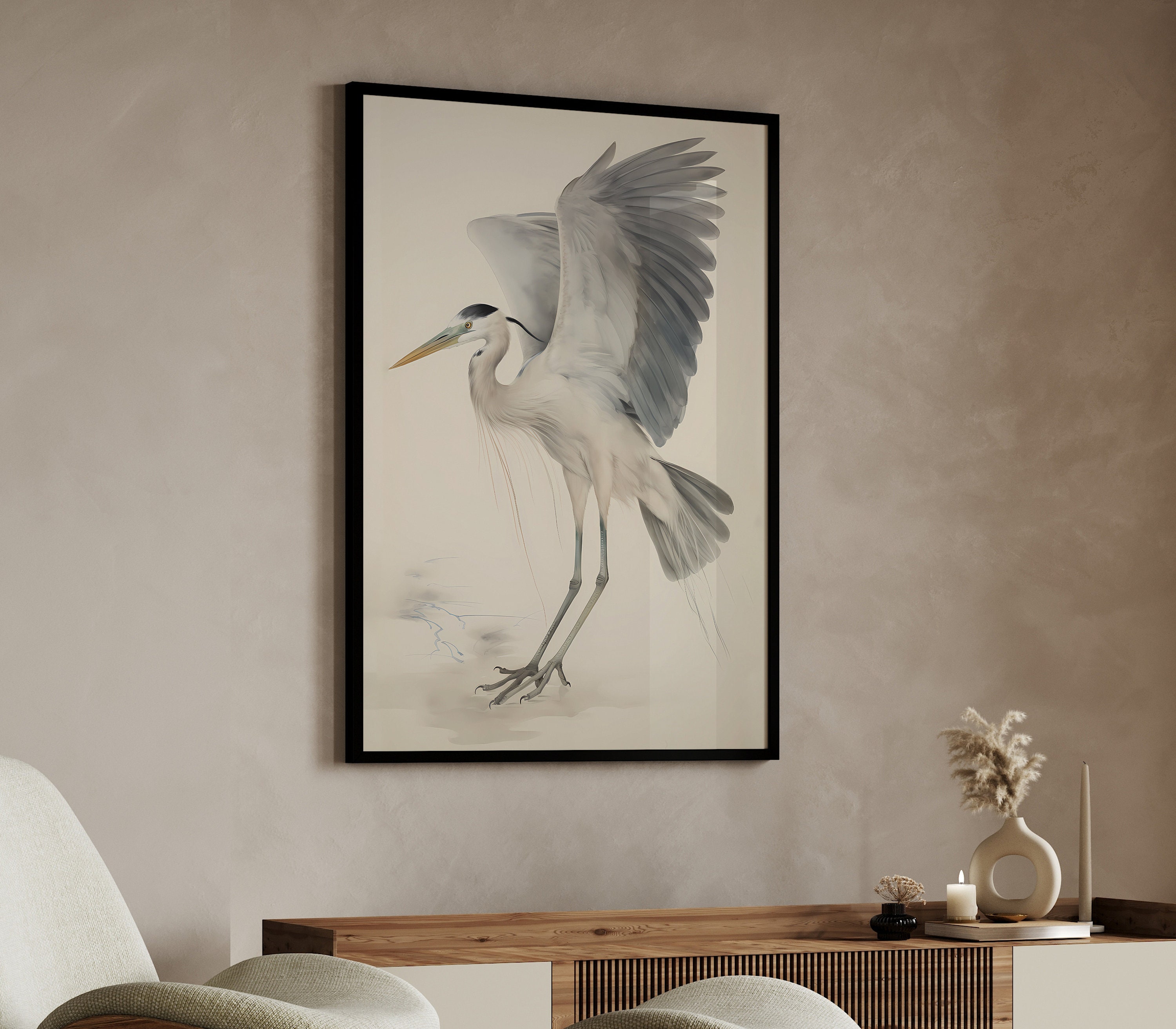 Vintage Heron, Watercolor Heron Painting, Minimalist Coastal Room Decor ...