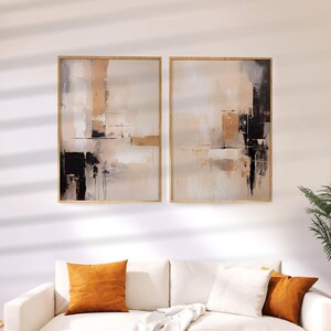 Tan & Black Abstract Art Prints - Modern Brush Stroke Wall Decor Set of ...