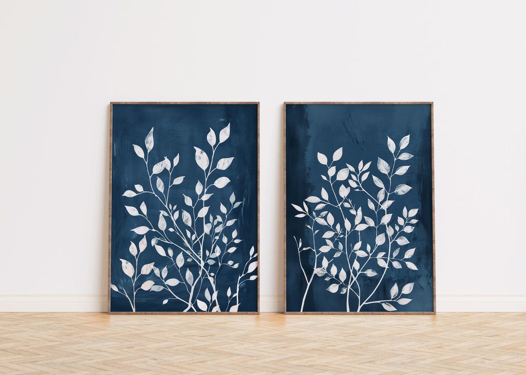 Navy Botanical Wall Art Prints: Minimalist Leaf Decor, Set of 2 - Etsy
