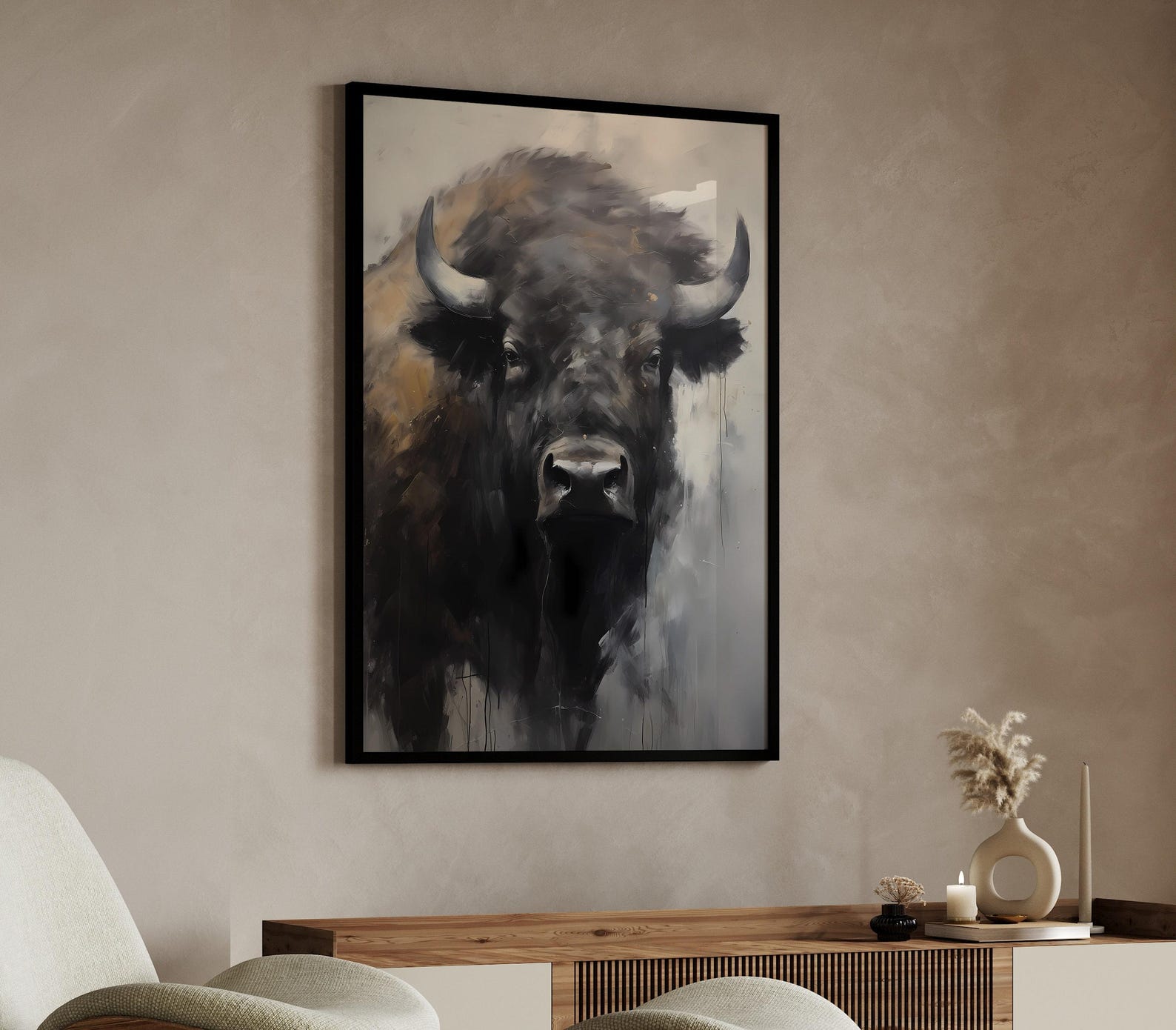 Buffalo Wall Art , Bison Print, Forrest Landscape, Modern Art, Rustic ...