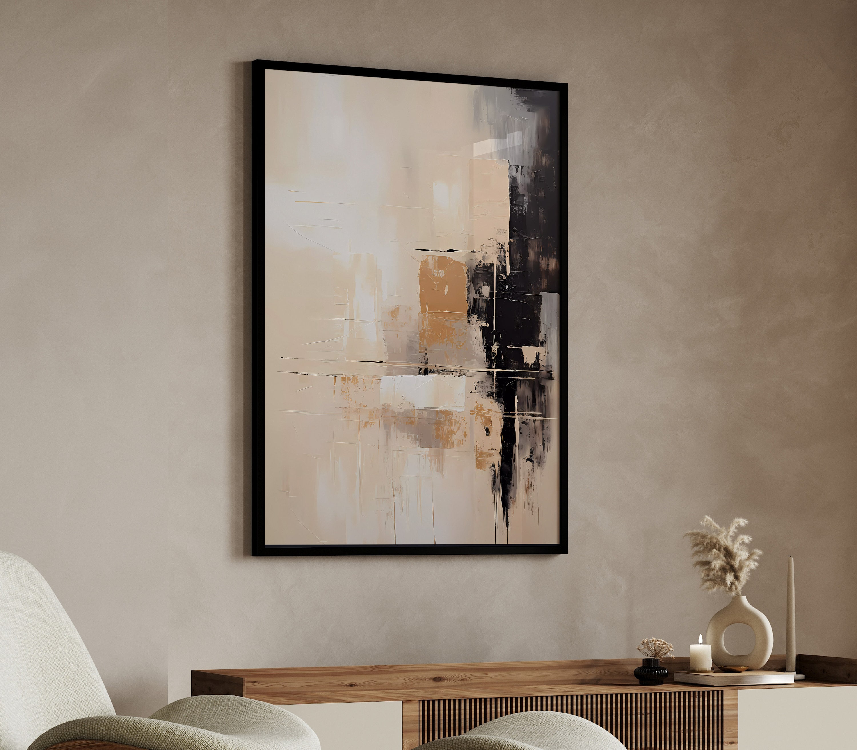 Tan & Black Abstract Art Prints Modern Brush Stroke Wall Decor Set of 3 ...