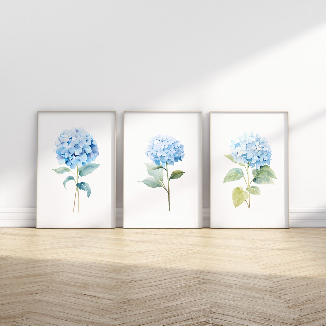 Blue Hydrangea Watercolor Art Print, Minimalist Floral Set of 3 - Etsy