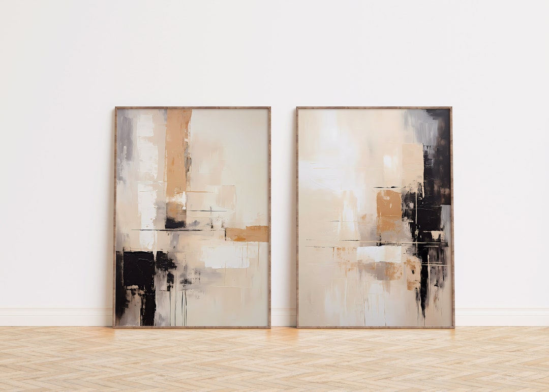 Tan & Black Abstract Art Prints Modern Brush Stroke Wall Decor Set of 3 ...