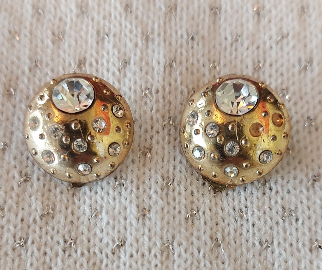Gorgeous Vintage Gold Coloured Button Earrings With Silver Stones - Etsy