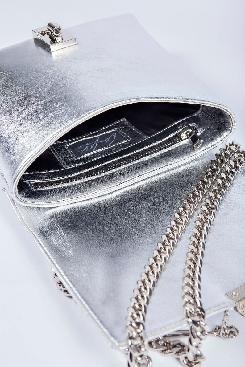 Silver Leather Bag W/silver Chain and Swarovski Crystals Silver ...