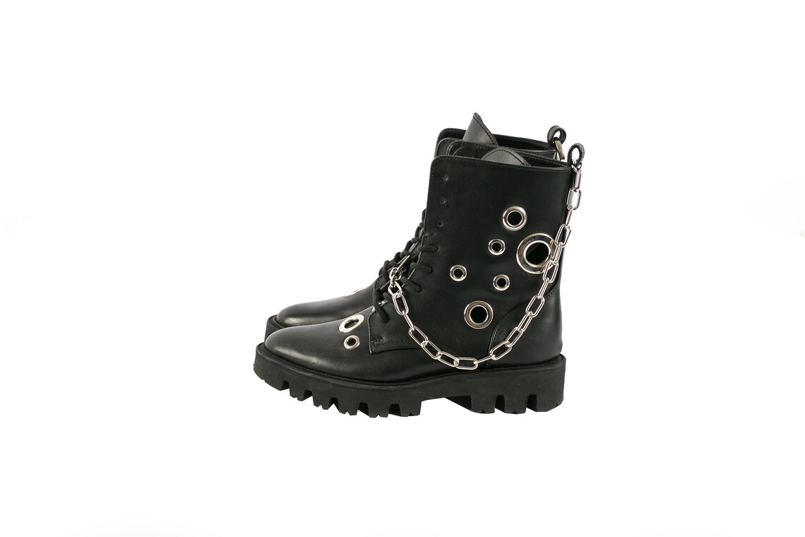 BLACK RINGLA Boots With Eyelets and Chain Genuine Leather - Etsy