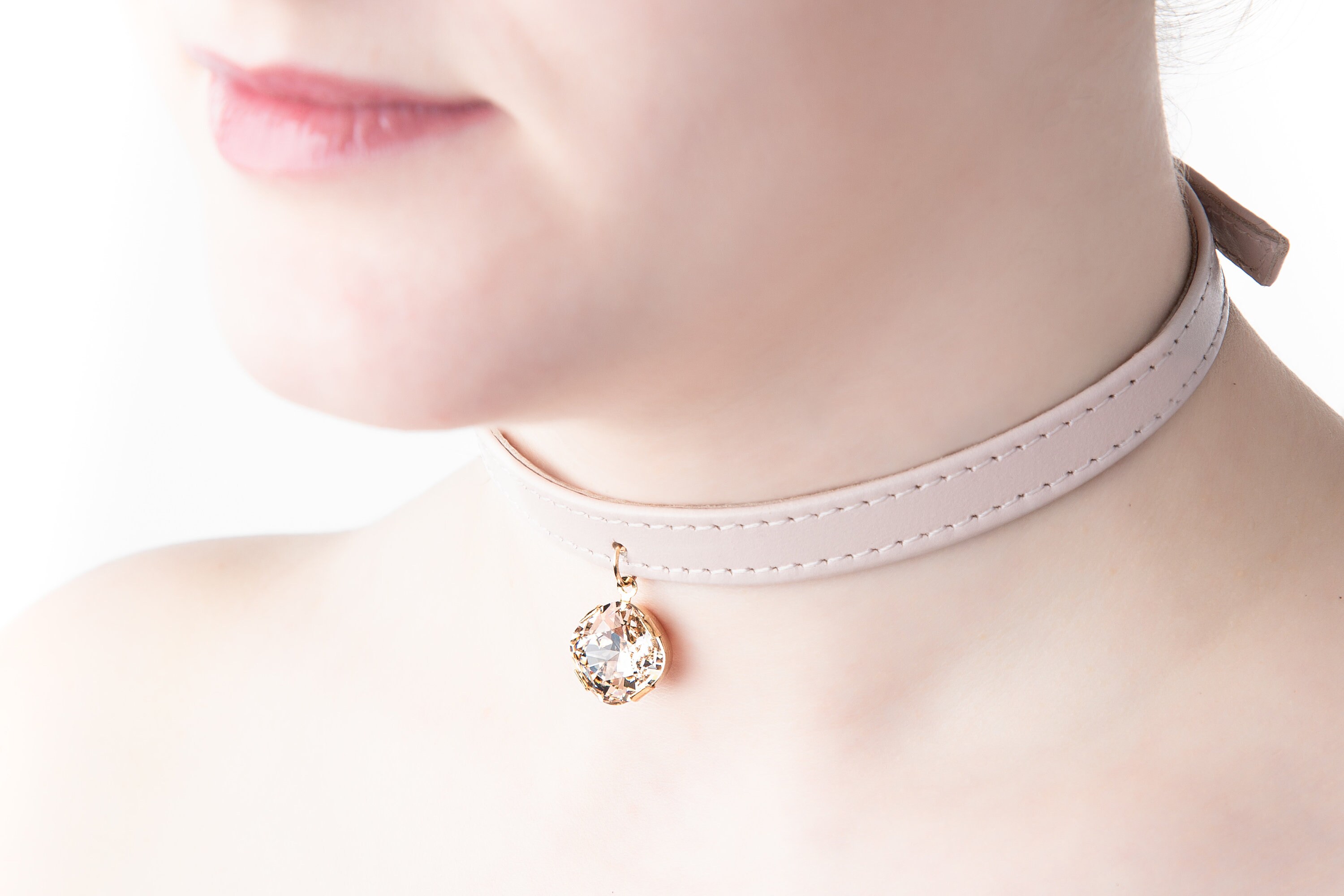 PINK LEATHER Choker SWAROVKI Crystal Choker Handmade Leather - Etsy