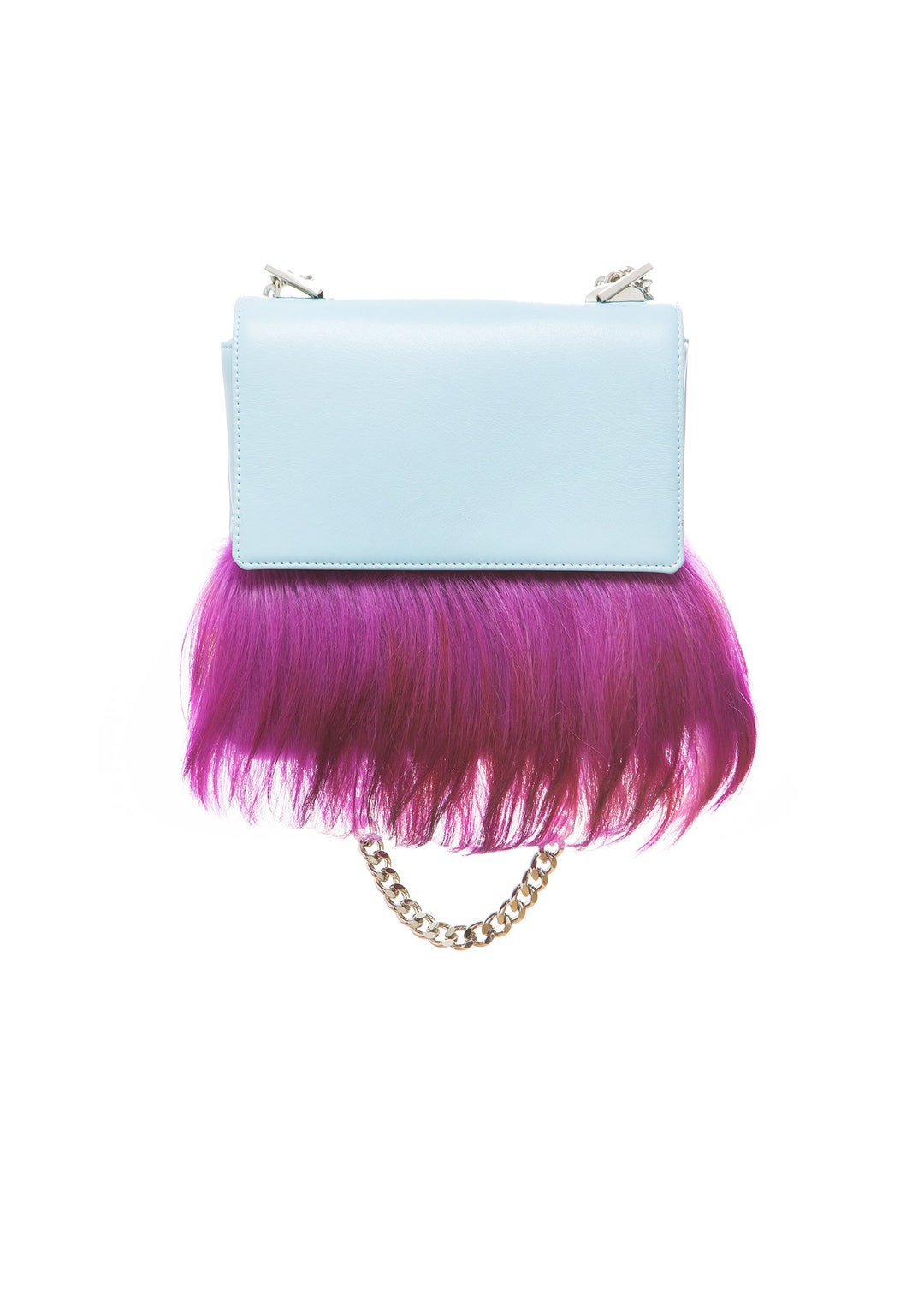 BLUE Leather Shoulder Bag W/ Purple Mountain Goat Fur, Sky Blue Cross ...