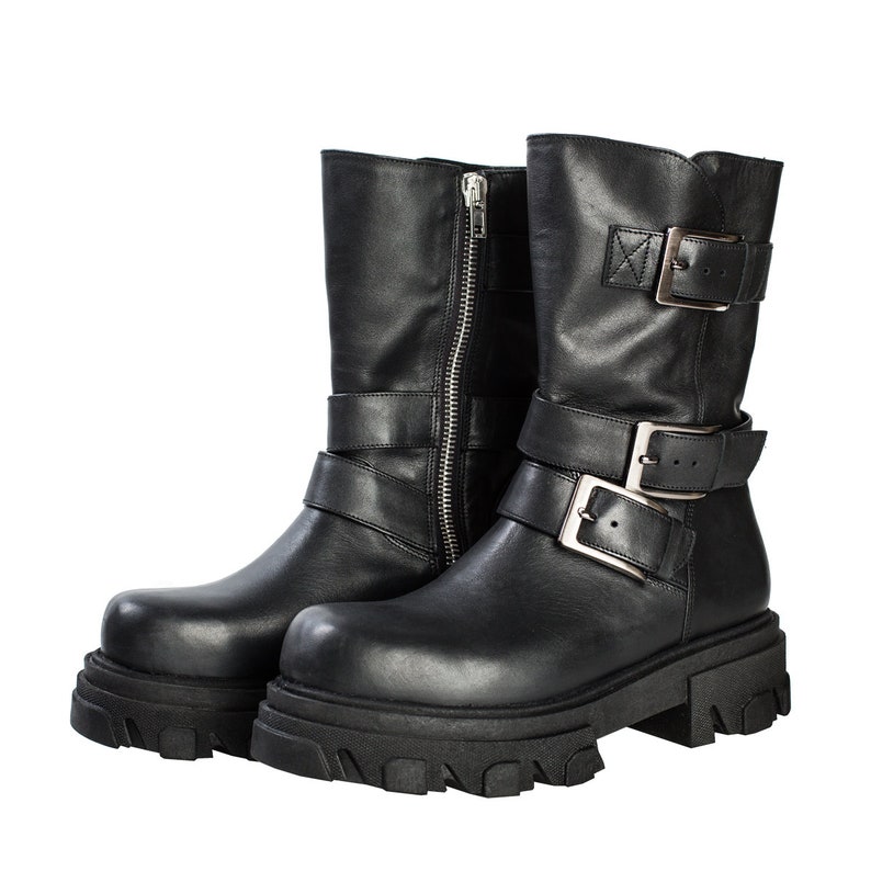 MARIA BOOTS Massive Biker Boots With Silver Buckles for Women BLACK ...