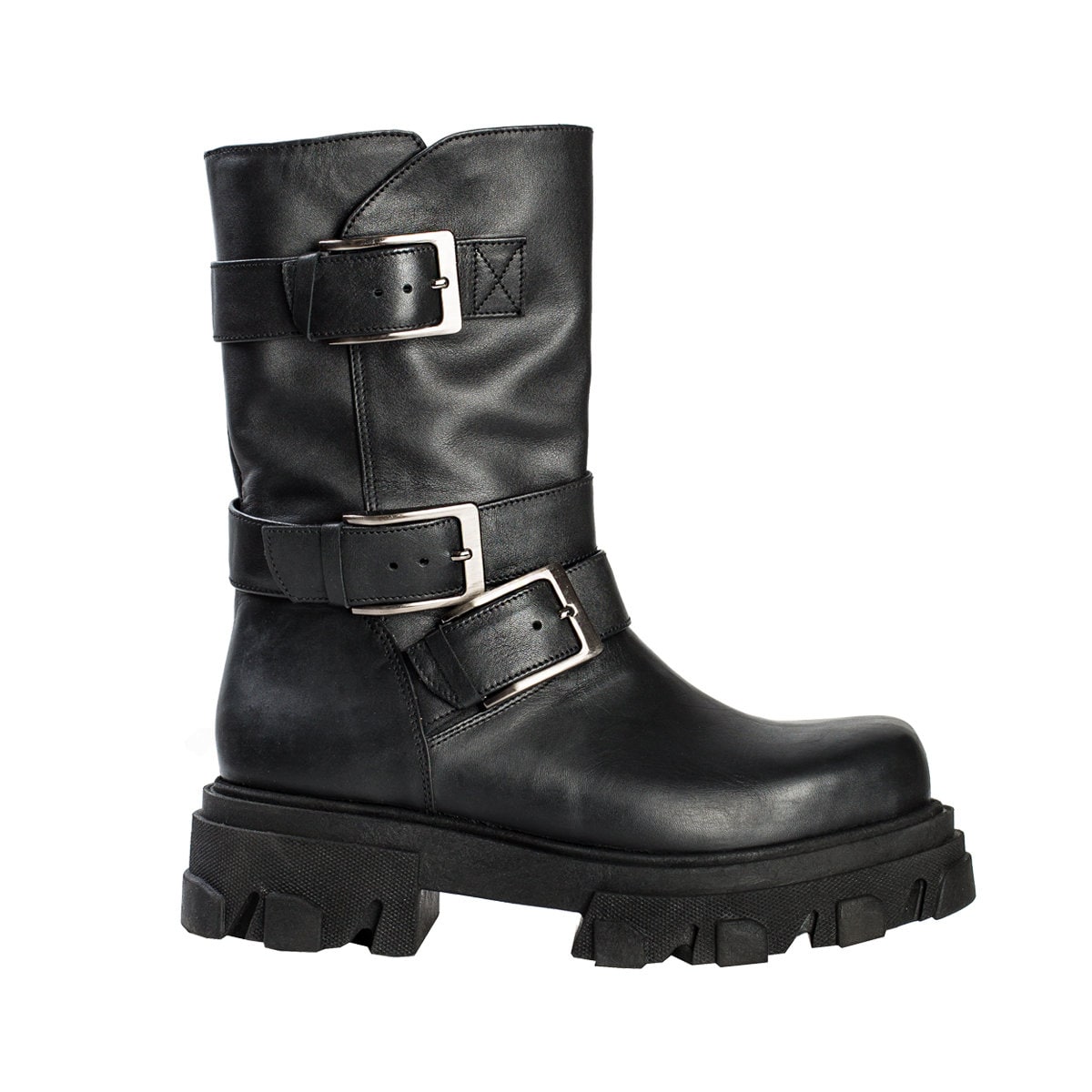 Maria Boots Massive Biker Boots With Silver Buckles For Women Black Leather Boots With Zipper