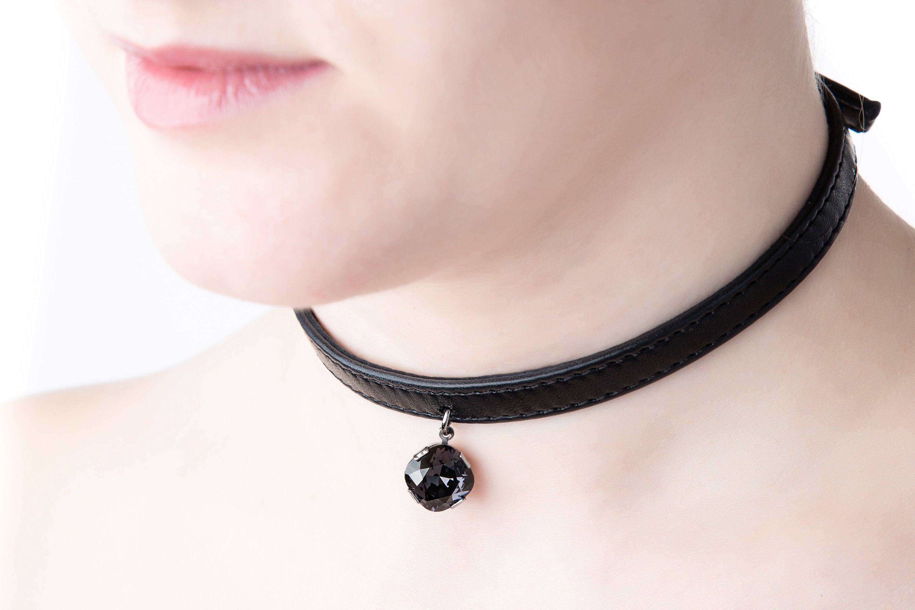 PINK LEATHER Choker SWAROVKI Crystal Choker Handmade Leather Necklace ...