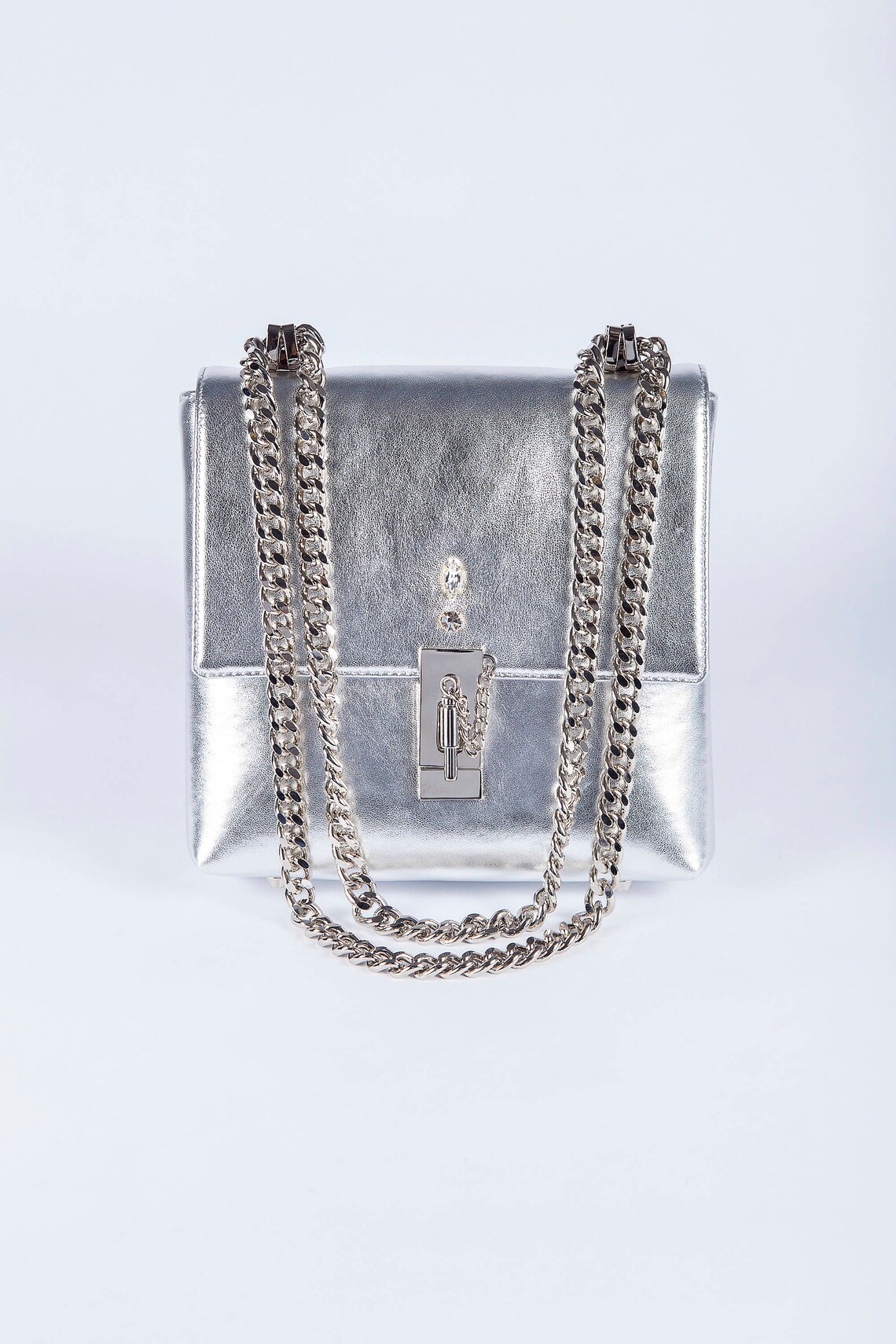 Silver Leather Bag W/silver Chain and Swarovski Crystals Silver ...