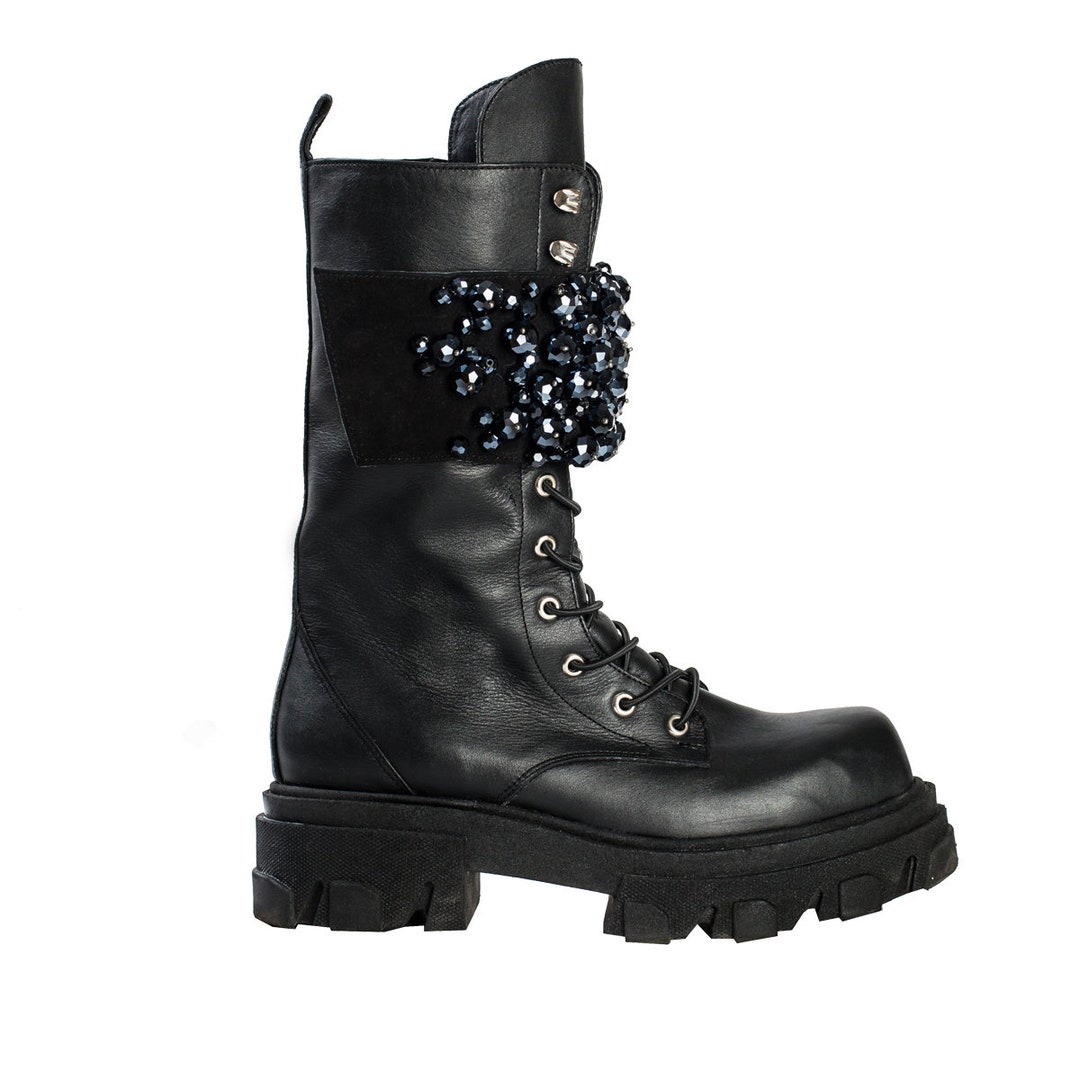KATHRINE BOOTS Massive Combat Boots With Crystals BLACK Leather Boots ...