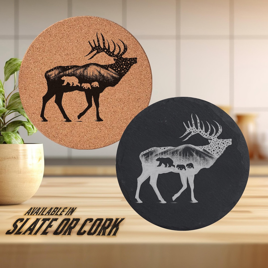 Elk & Bear Coasters – Slate or Cork Drink Coasters – Wildlife and Cabin ...