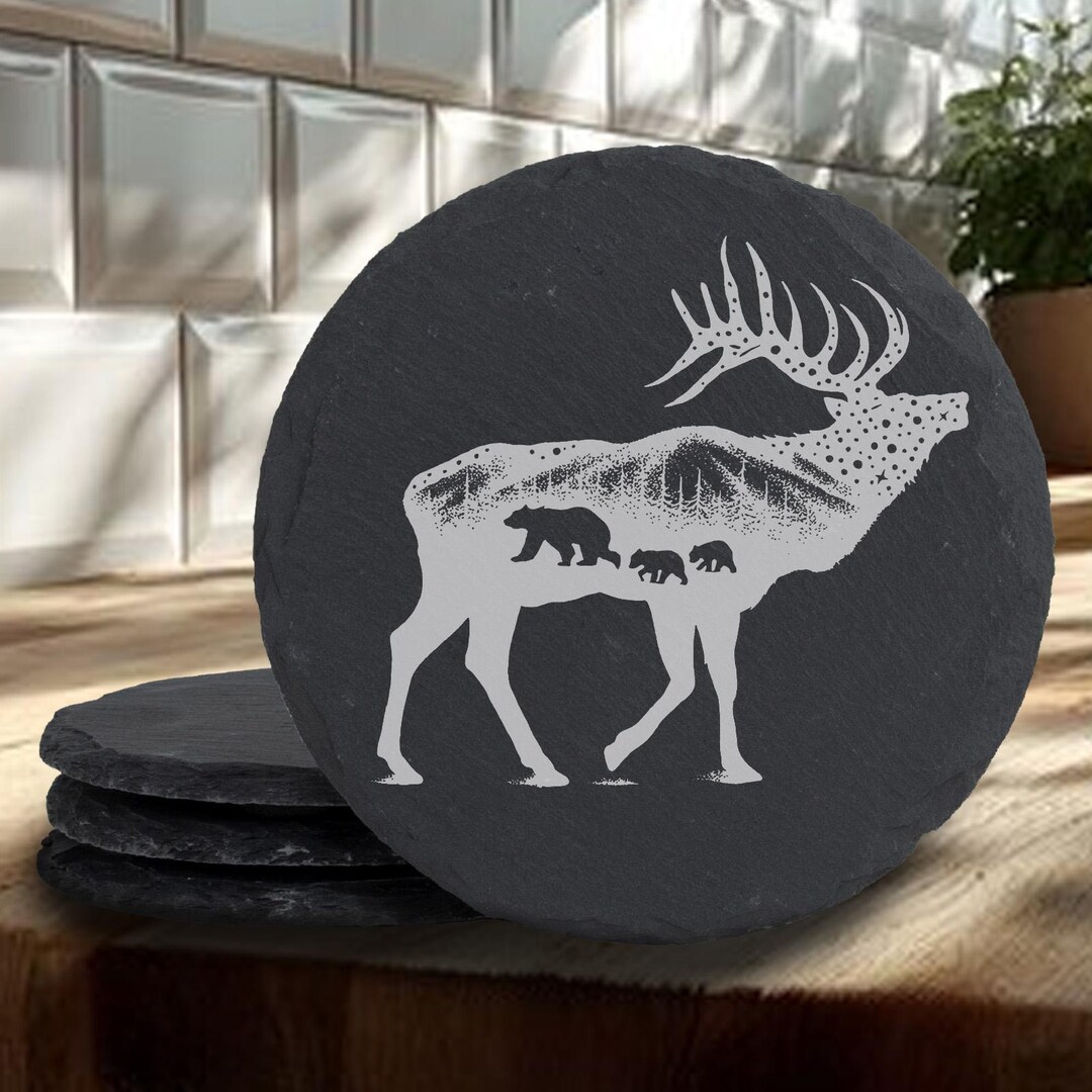 Elk & Bear Engraved Slate Coasters - Round - Etsy
