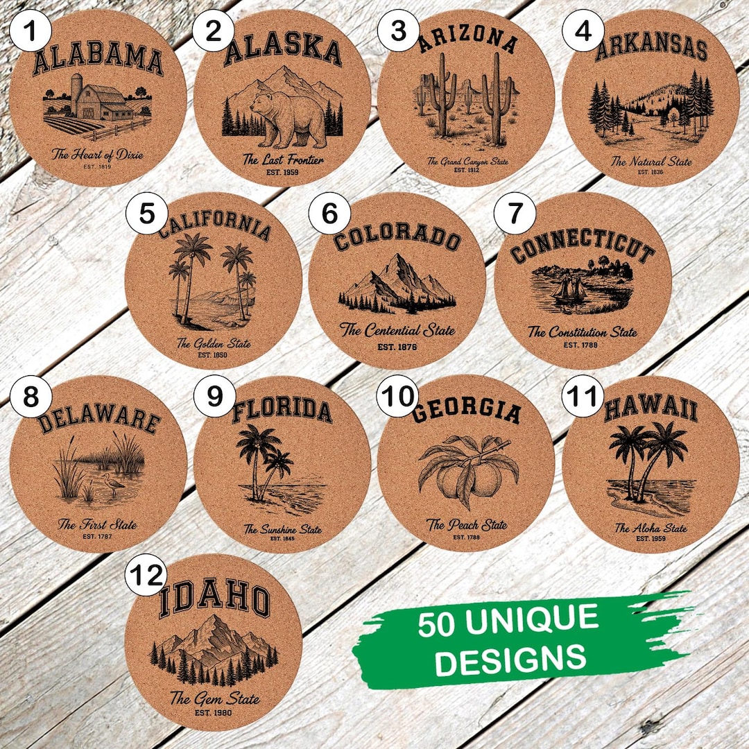 State Badge Coasters – Cork Drink Coasters – Designs for All 50 States ...