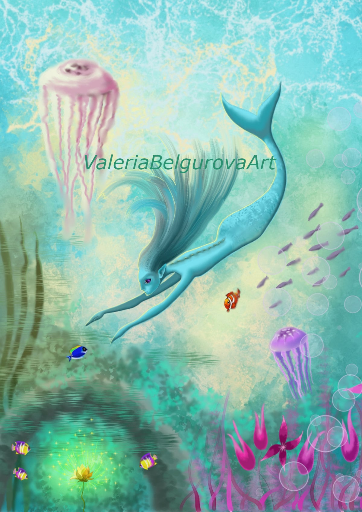 Ondine, fleur de mer, A3, vie marine, peinture animale, peinture sur ...