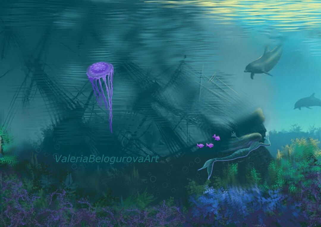Undine, Sunken Ship, A3, Marine Life, Animal Painting, Sea Painting ...