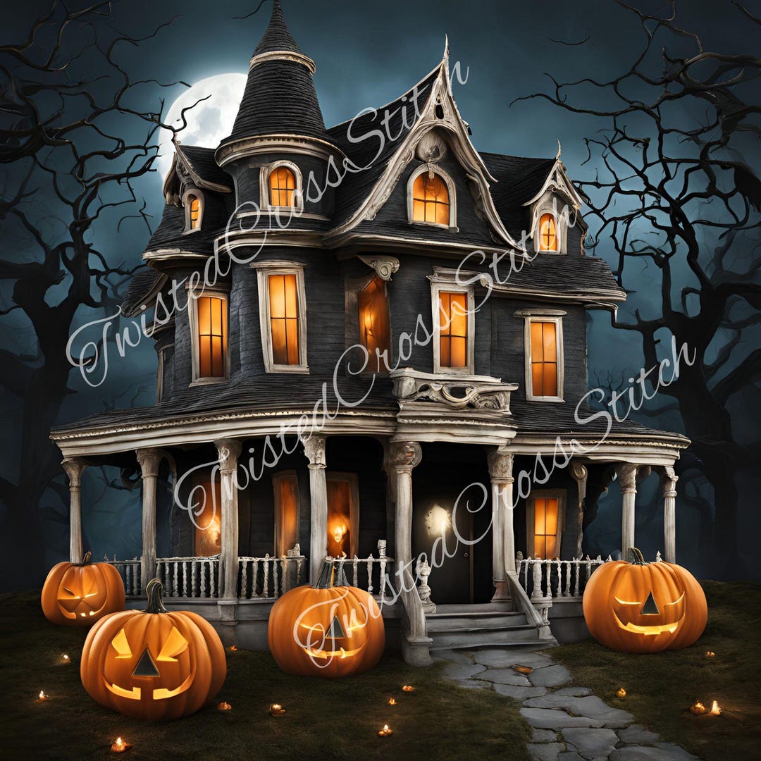 Spooky Haunted House, Halloween Scene, Witches Abode, Counted Cross ...