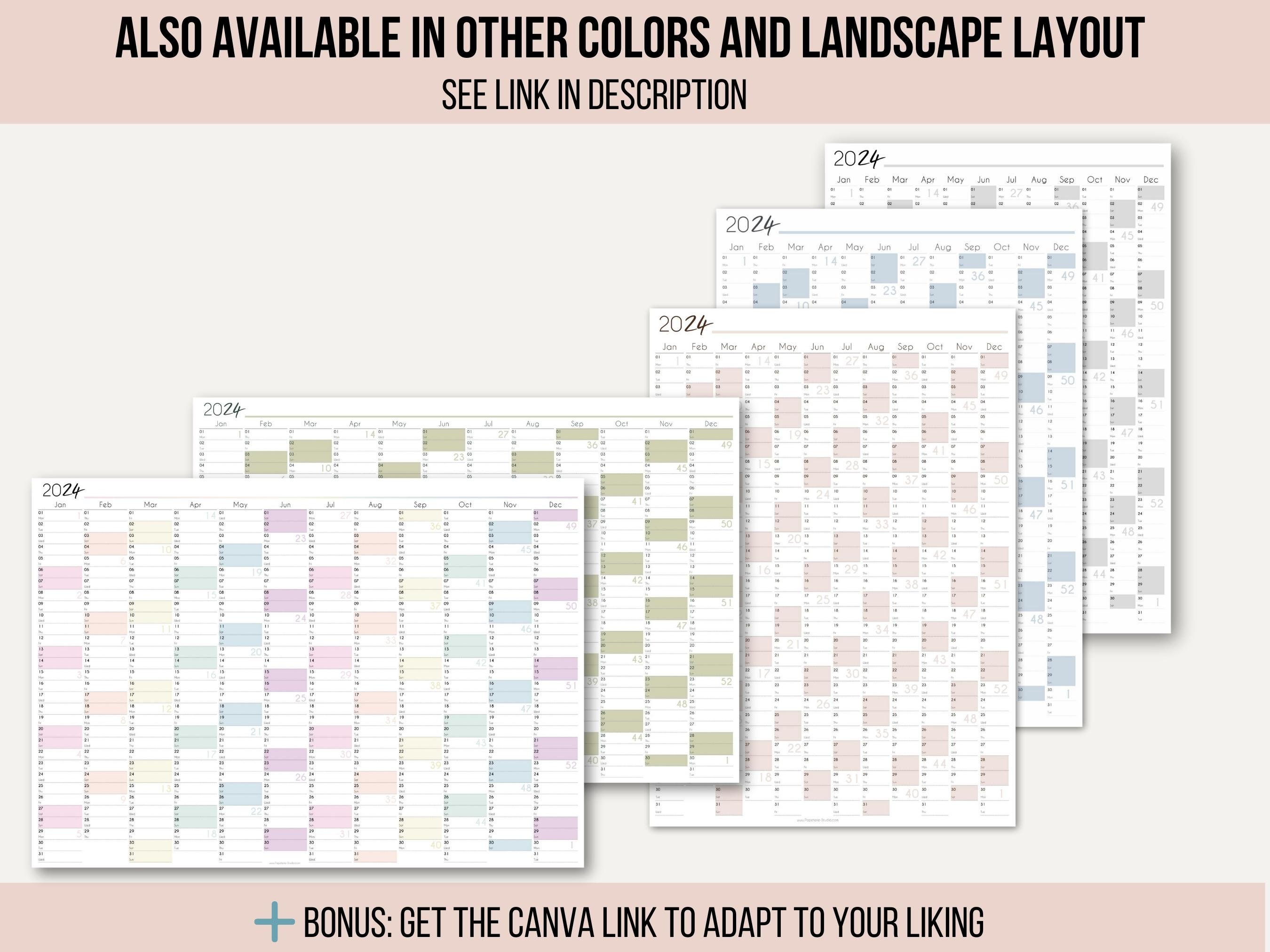 Printable 2024 Yearly Wall Calendar A1 to A4 Sizes Full Year Monthly ...