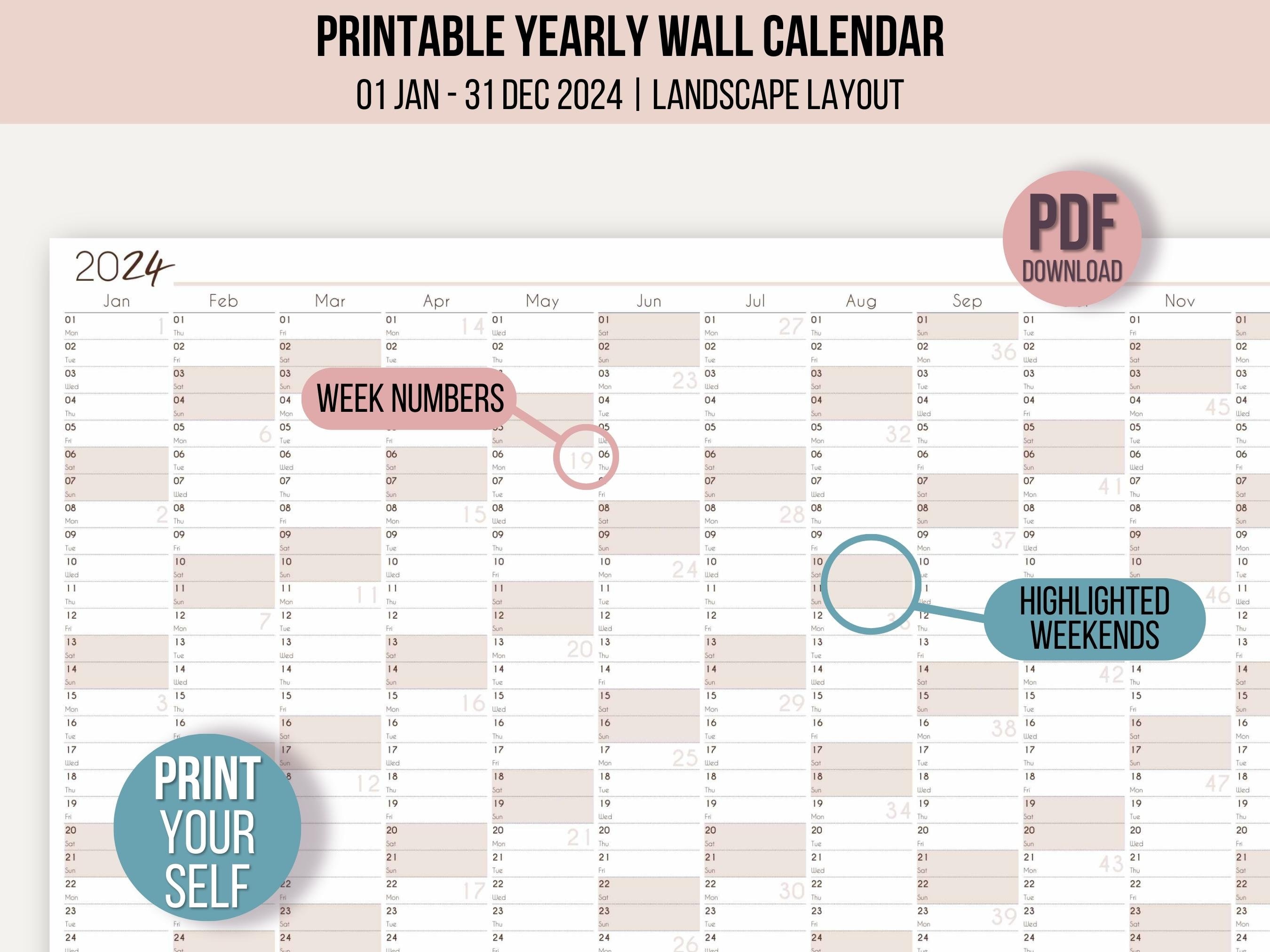 Printable 2024 Yearly Wall Calendar A1 to A4 Sizes Full Year Monthly ...